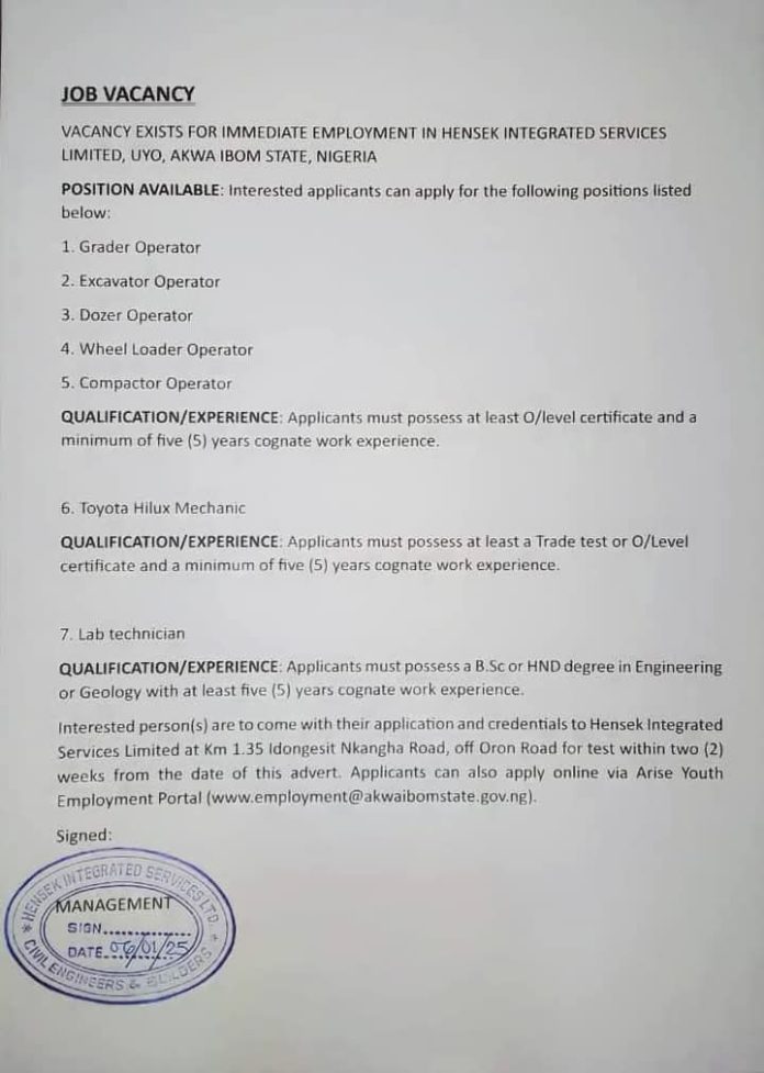 Breaking! Hensek Integrated Services Limited announces job vacancies ...