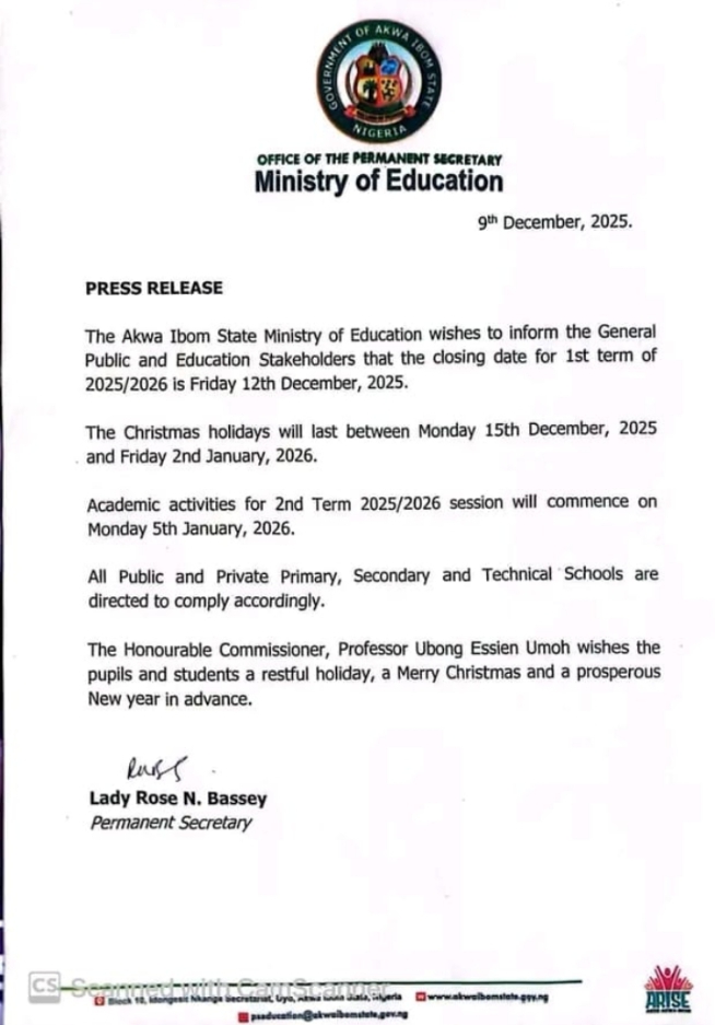 Akwa Ibom State govt releases dates for closure, resumption of schools ...